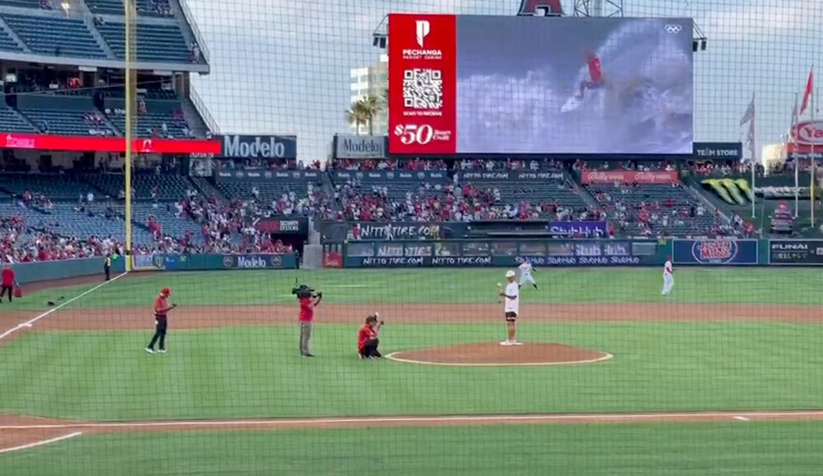 Watch Kanoa Igarashi Throw the First Pitch at Angel Stadium