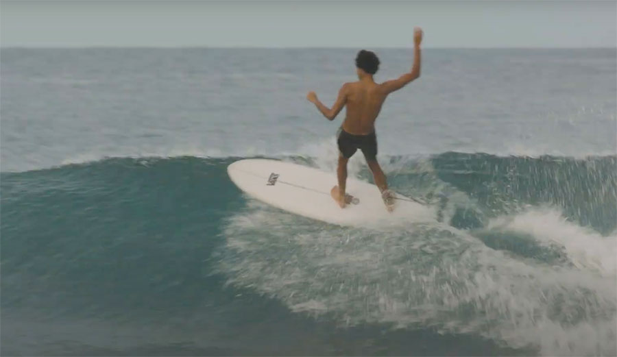 Mikey February Bleeds Style on a 7'1" Midlength Tri-Plane Hull Single Fin