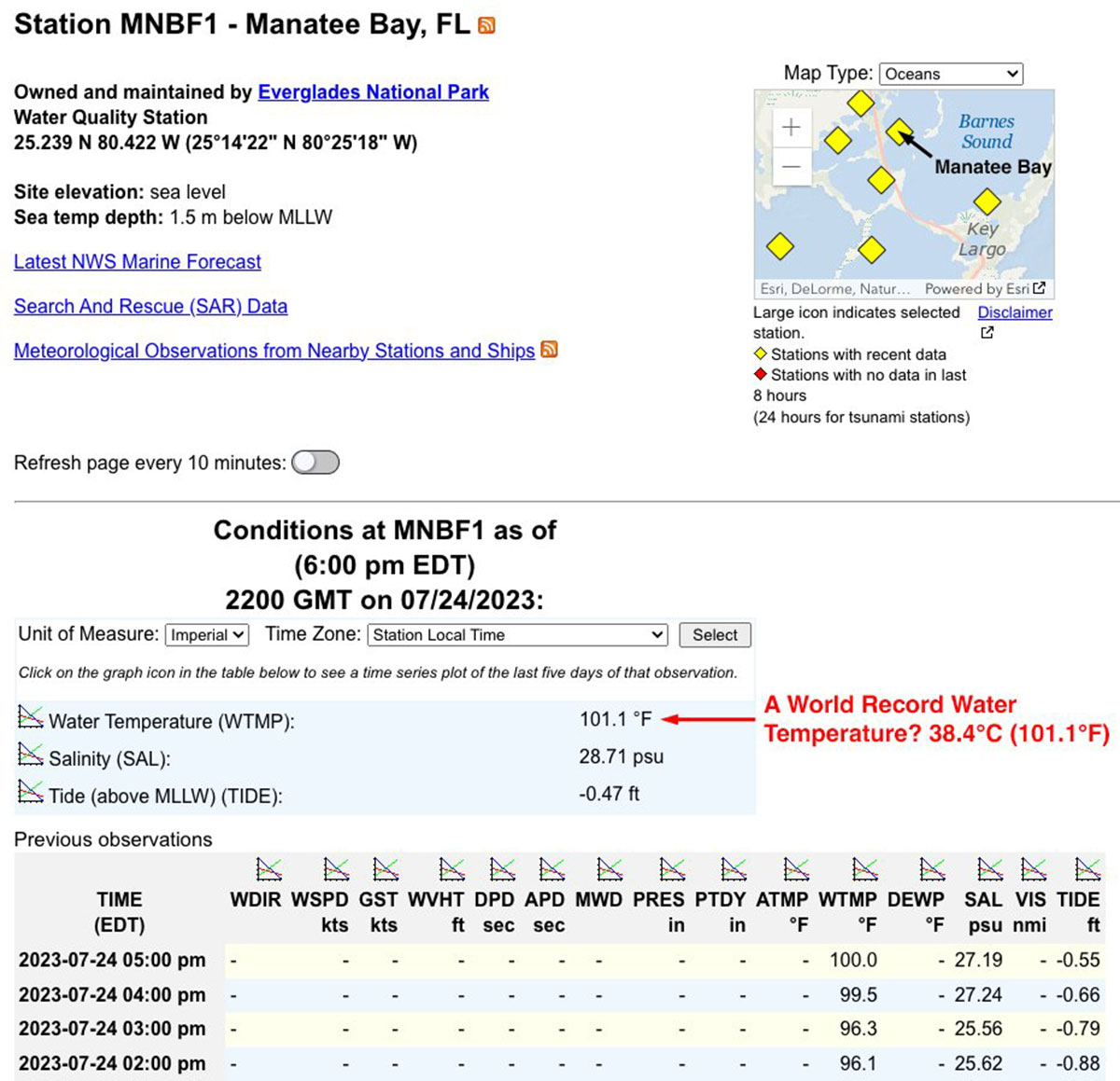 Florida's Manatee Bay Records 101°F Ocean Water Temperature